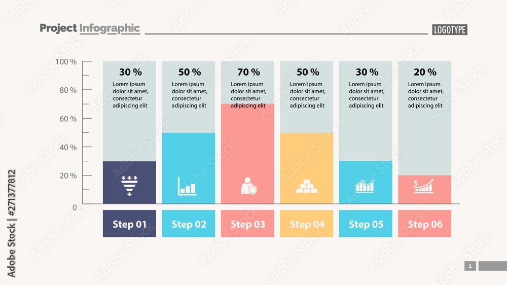 Six columns bar chart slide template. Business data. Percent, diagram ...
