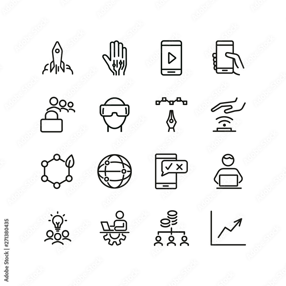 IT startup line icon set. Rocket, idea, digital device, networking ...