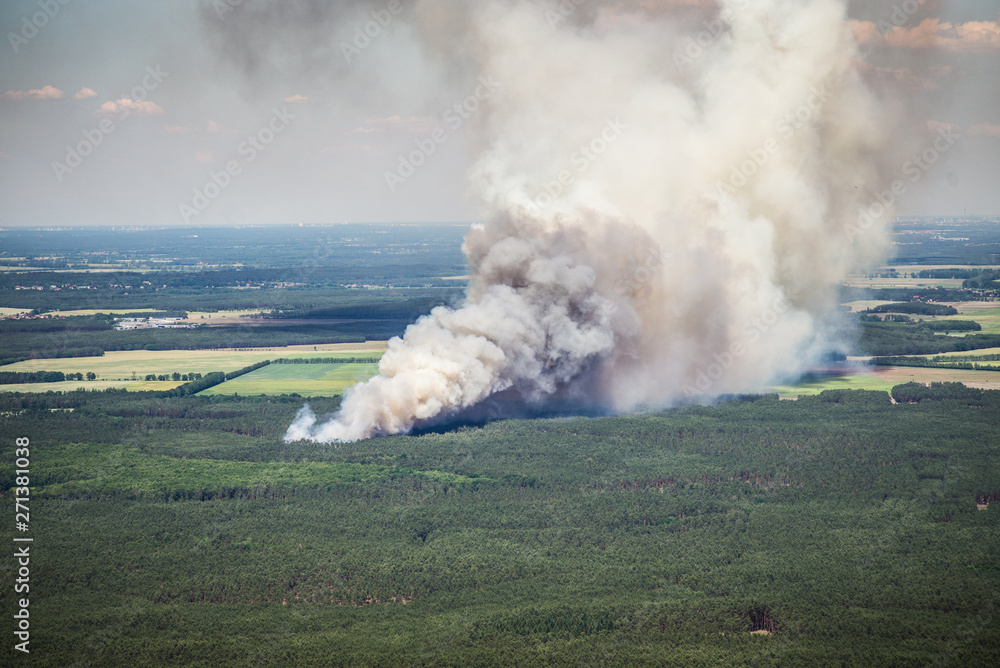 Smoke clouds and fire spread of a fire in the trees / forest - aerial ...