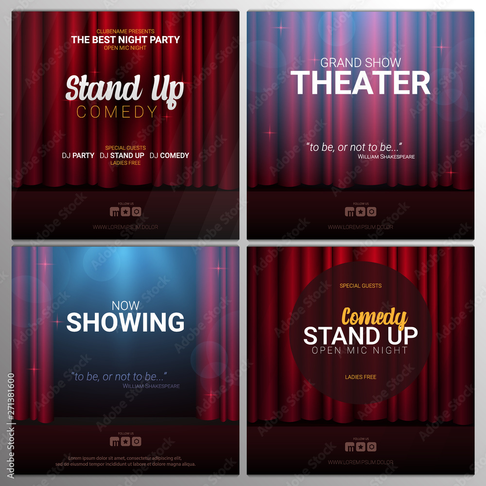 Set of Stand up and Theater banners. Red curtains stage, theater or ...