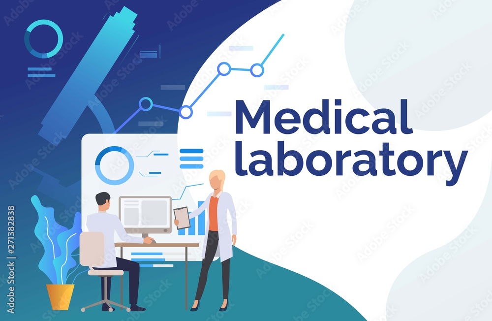 Medical workers examining data on monitor vector illustration. Research ...