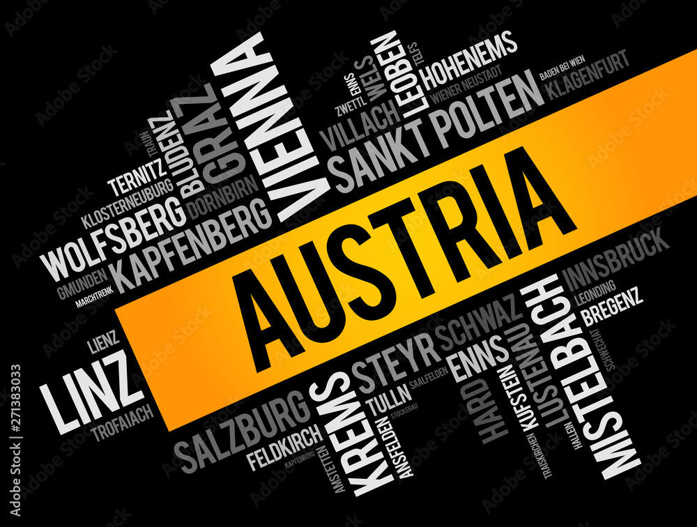 List of cities and towns in AUSTRIA, word cloud collage, business and ...
