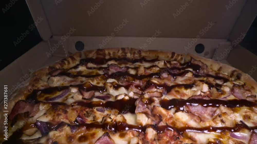 Inside of a Pizza box. Classic pizza in a cardboard box. Wide angle ...
