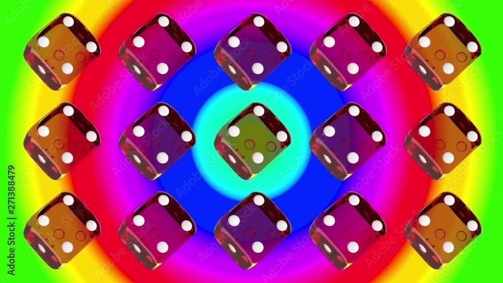 15 red transparent plastic dice, rotating on a background of circles of ...