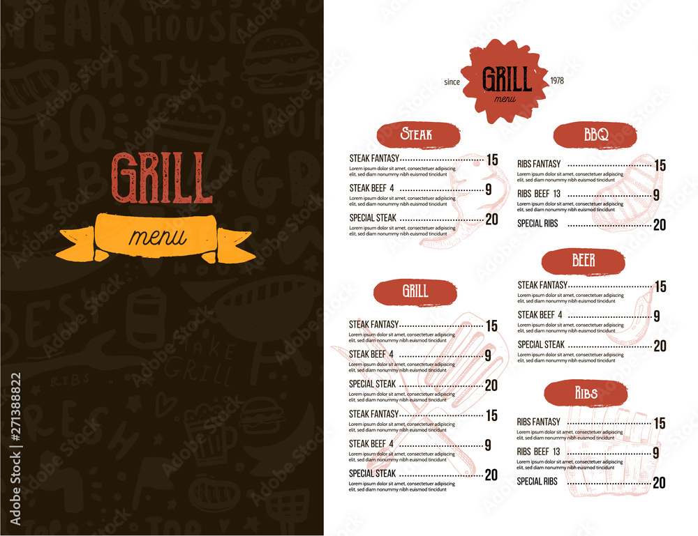 Vintage grill menu design. Grill poster with doodle background. Steak ...