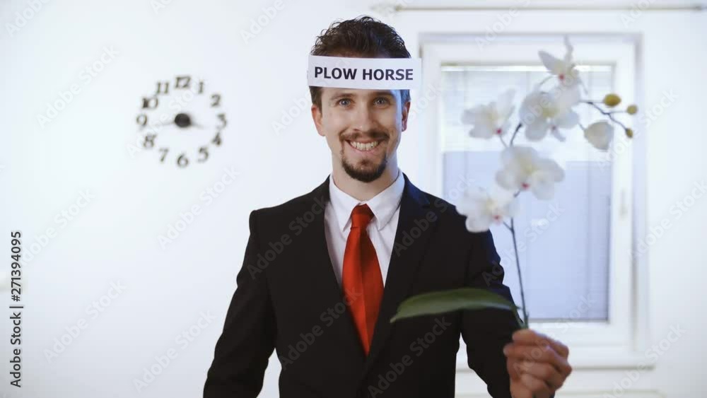 Naive rich businessman plow horse 4K. Medium shot of a male person in ...