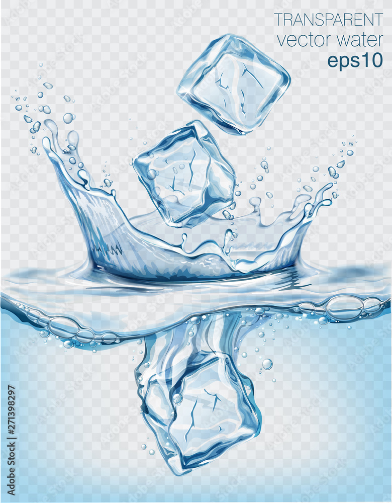 Transparent vector water splash and ice cubes on light background Stock Vector | Adobe Stock