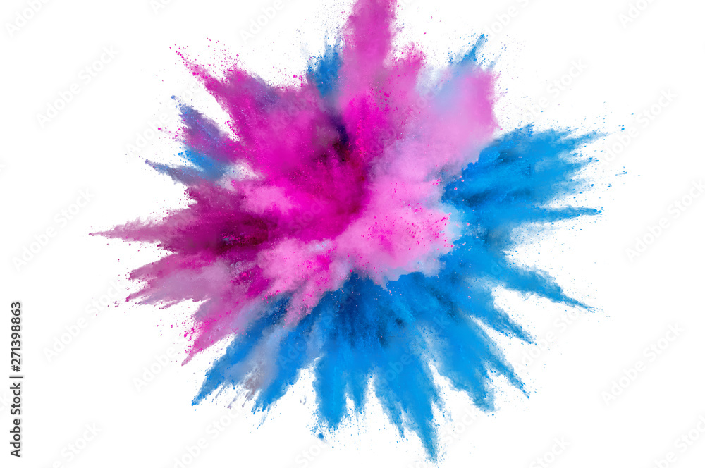 Colored powder explosion on a white background. Abstract closeup dust ...