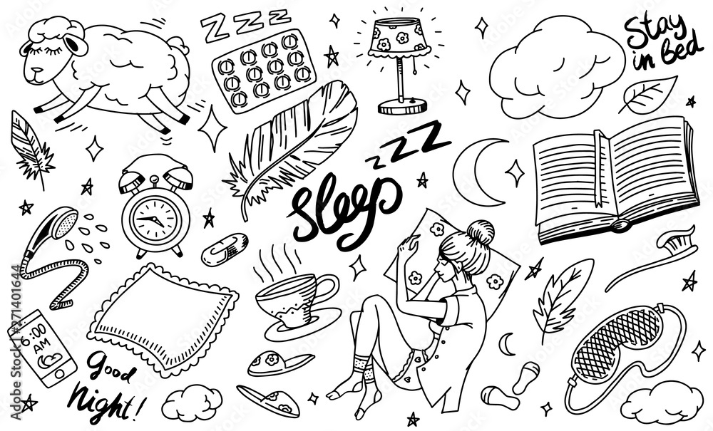 Sleep time concept. Hand drawn night background. Sheep Pillow, Girl in ...
