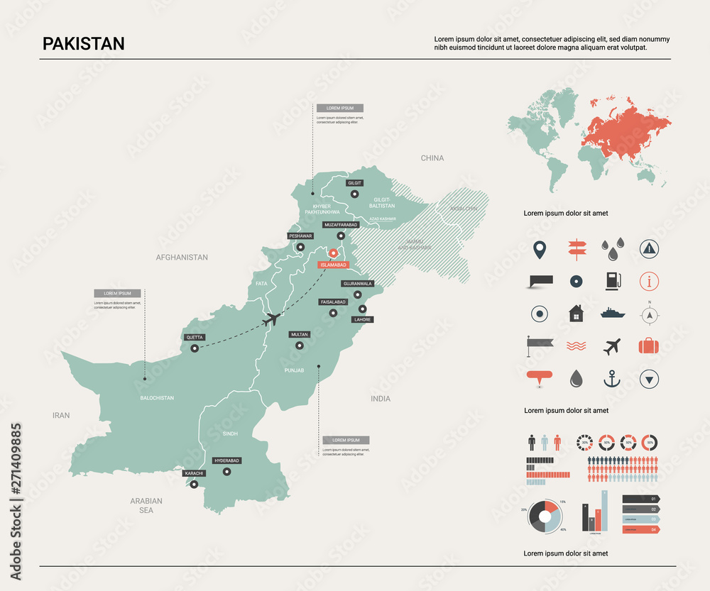 Vector map of Pakistan. Country map with division, cities and capital ...