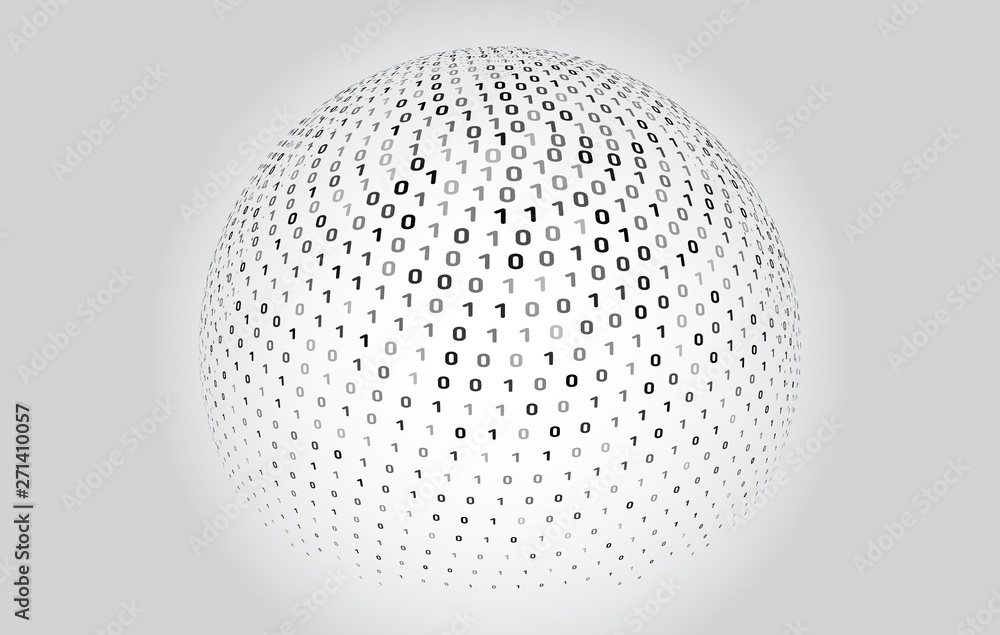 Abstract binary sphere. Digital computer code on the grey background ...