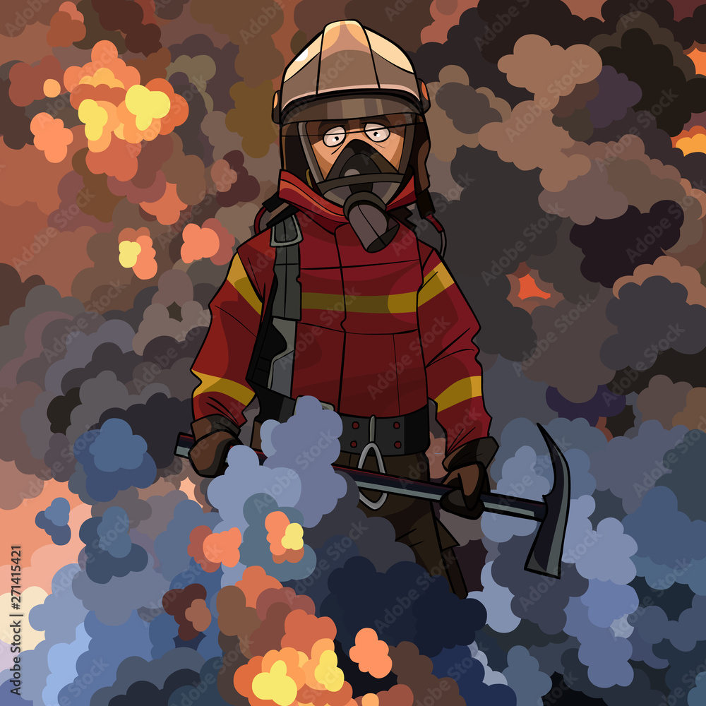 cartoon firefighter with a pick in his hands in a puff of smoke Stock ...