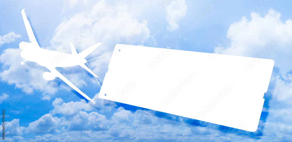 Airplane icon flying and towing a blank signboard against a cloudy sky ...