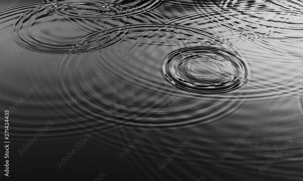 Ripples from Rain Droplets Falling on Water Surface. 3D illustration ...