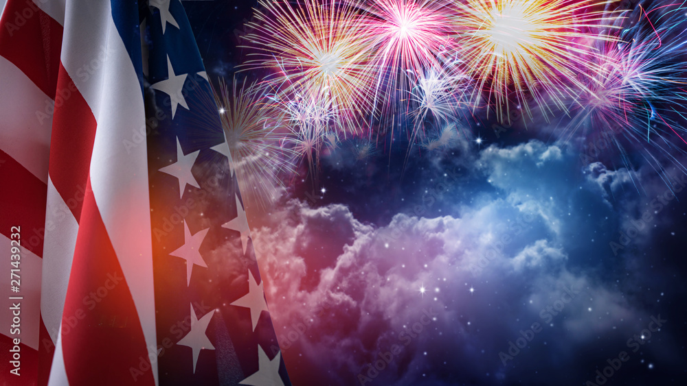 American flag and fireworks of Memorial Day or 4th of July. Stock Photo ...