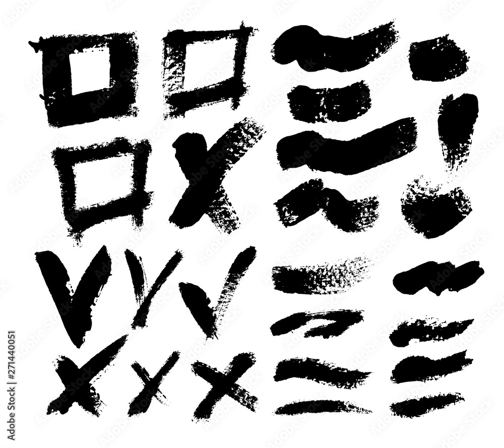 Hand drawn vector black brushed signs, marks, lines, crosses and ...