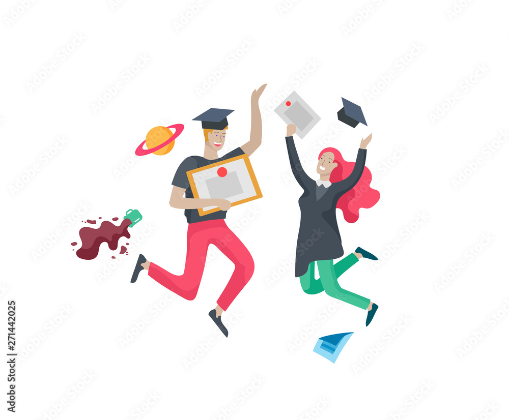 Group smiling graduates people in graduation gowns holding diplomas and ...