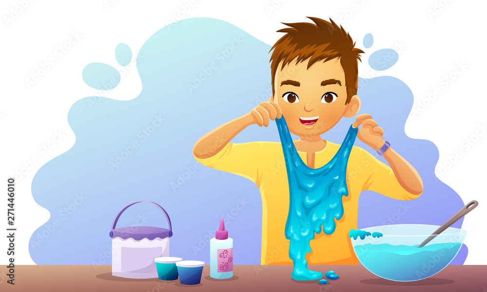 Young boy playing with homemade blue green slime. Vector illustration ...