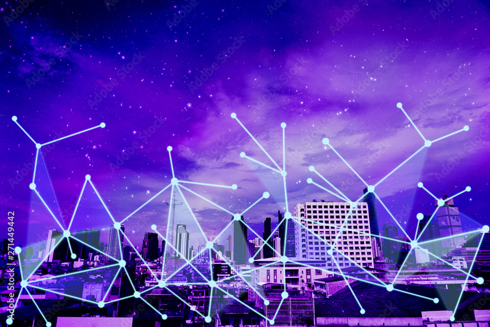 Network connection overlay on futuristic theme cityscape background ...