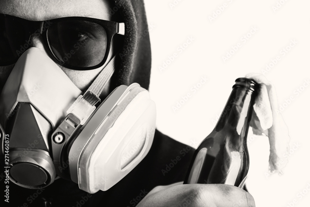 Activist revolutionary demonstrator with gas mask and anarchist smudged ...