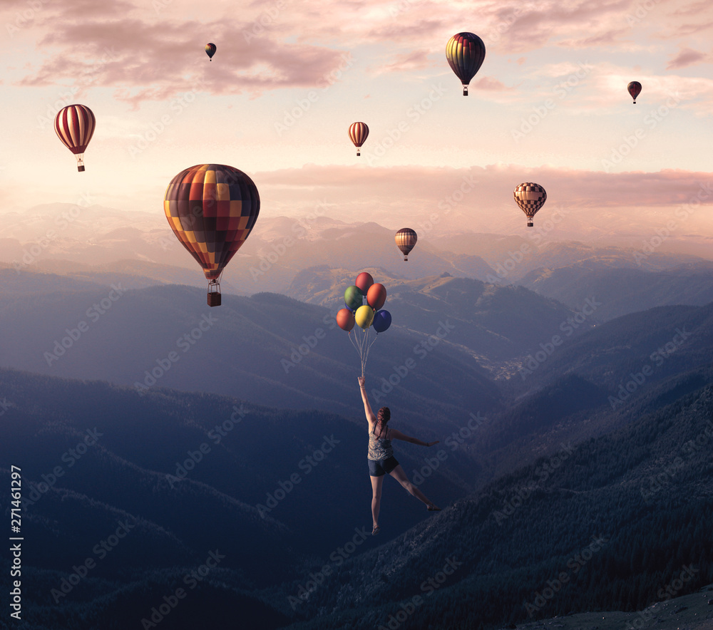 Flying with big balloons Stock Photo | Adobe Stock