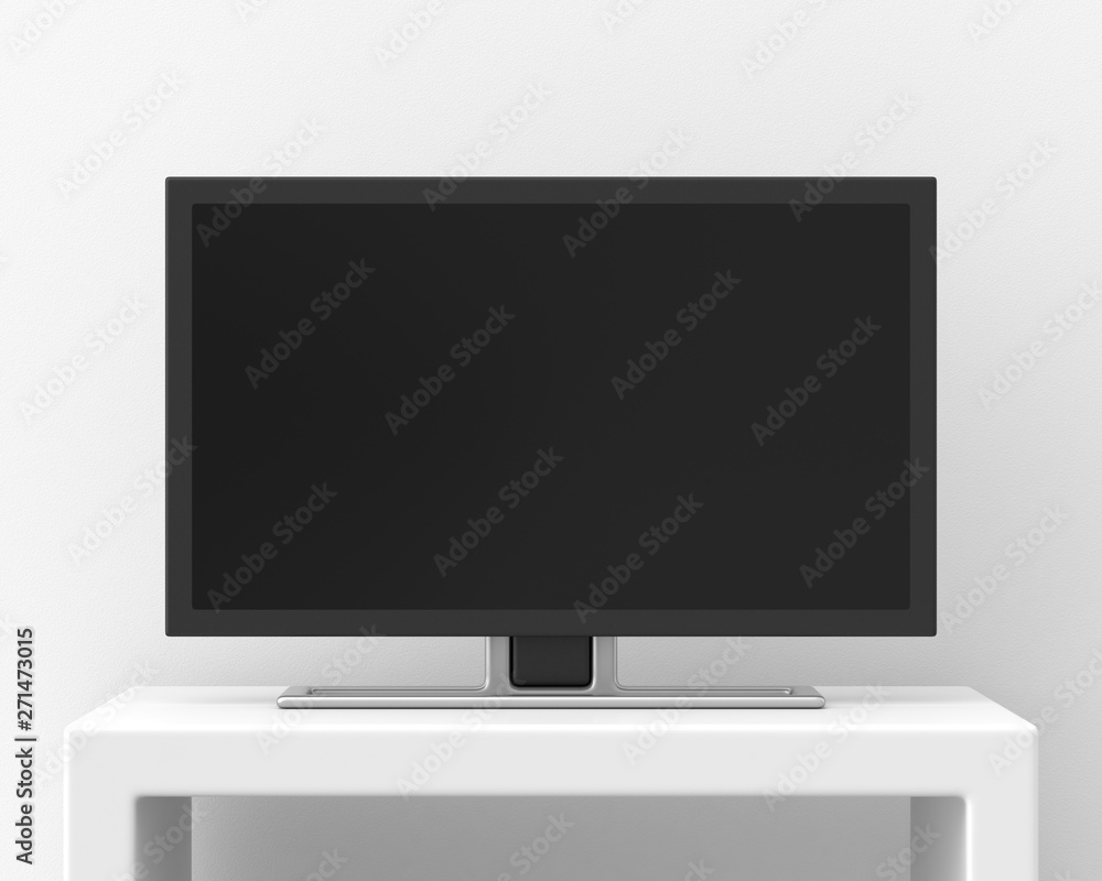 24 inch widescreen television on a white stand against a white wall. 3d ...