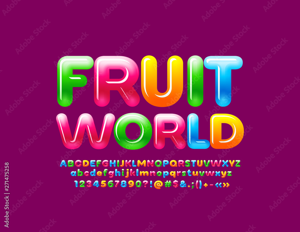Vector glossy banner Fruit World with colorful Font. Cute bright ...