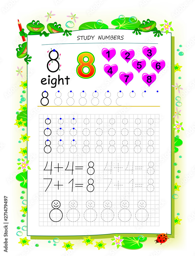 Educational page on square paper for kids with number 8. Printable ...
