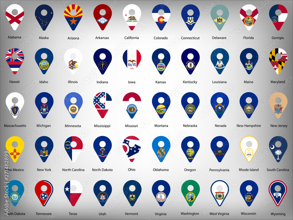 Vecteur Stock USA American Fifty States Flags Alphabetical Order With