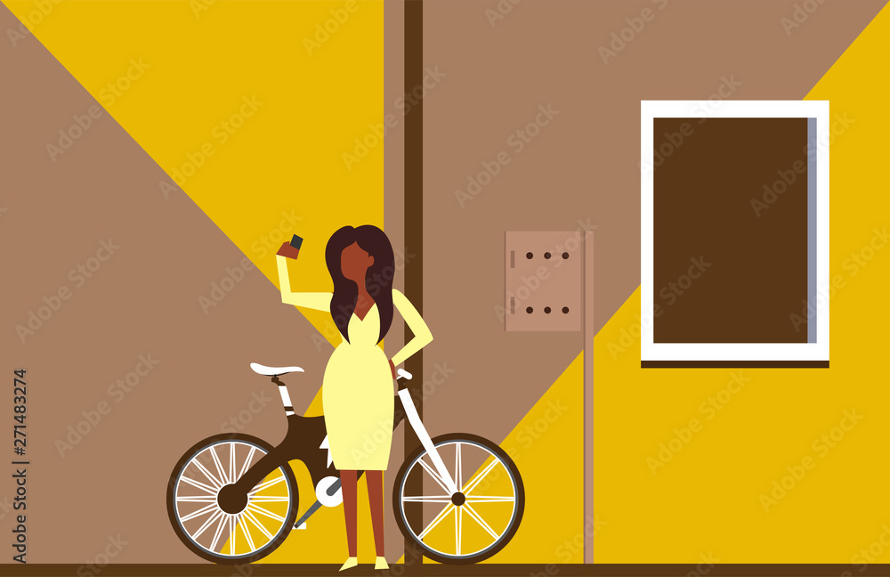 Cartoon picture with black woman riding fast modern electric bicycle ...