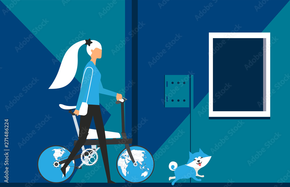Cartoon picture with white woman riding fast modern electric bicycle ...