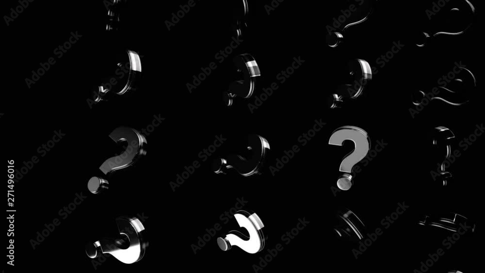 Silver question marks moving on black background, uncertainty concept ...