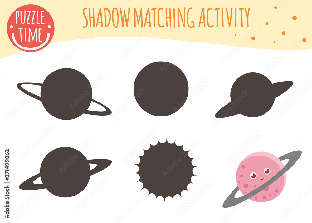 Shadow matching activity for children. Space topic. Cute funny planets ...