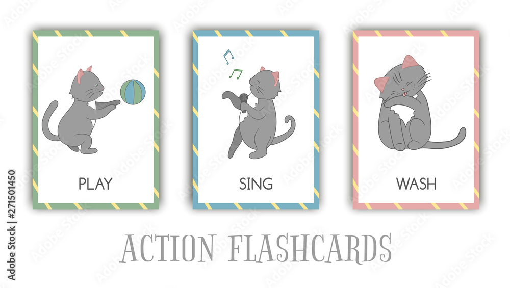 Vector set of actions flash cards with cat. Cute character playing ...