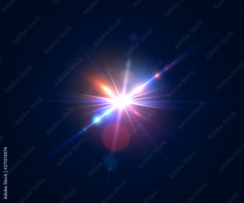Glowing flash. Beautiful glare effect with bokeh, glitter particles and rays. Sparkling light ...