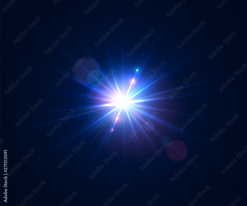 Glowing flash. Beautiful glare effect with bokeh, glitter particles and rays. Sparkling light ...