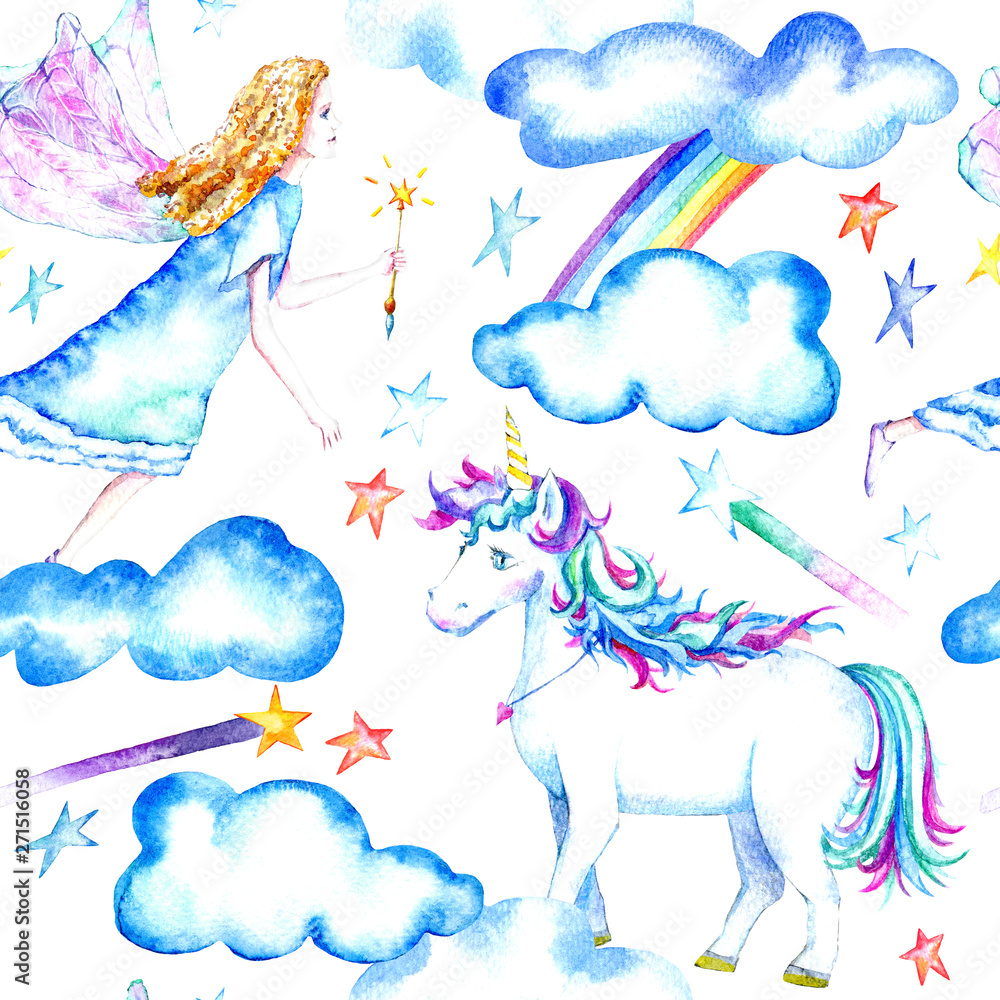 Seamless pattern of a unicorn,fairy,stars,clouds and rainbow.Sketch ...