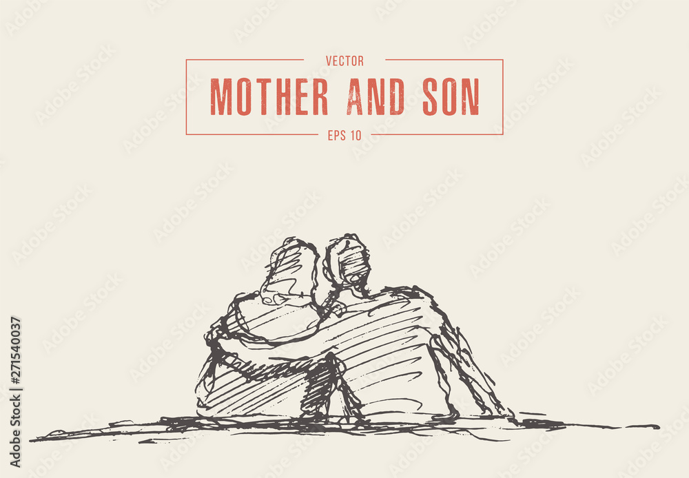 Mother and son sit hugging hand draw vector sketch Stock Vector | Adobe ...