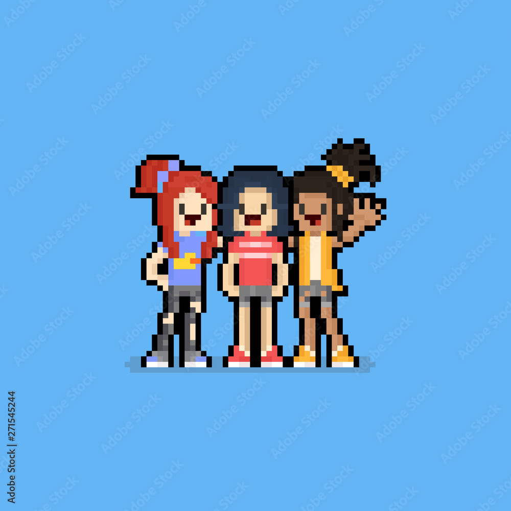 Pixel art friendship day cartoon girls character group.8bit. Stock ...