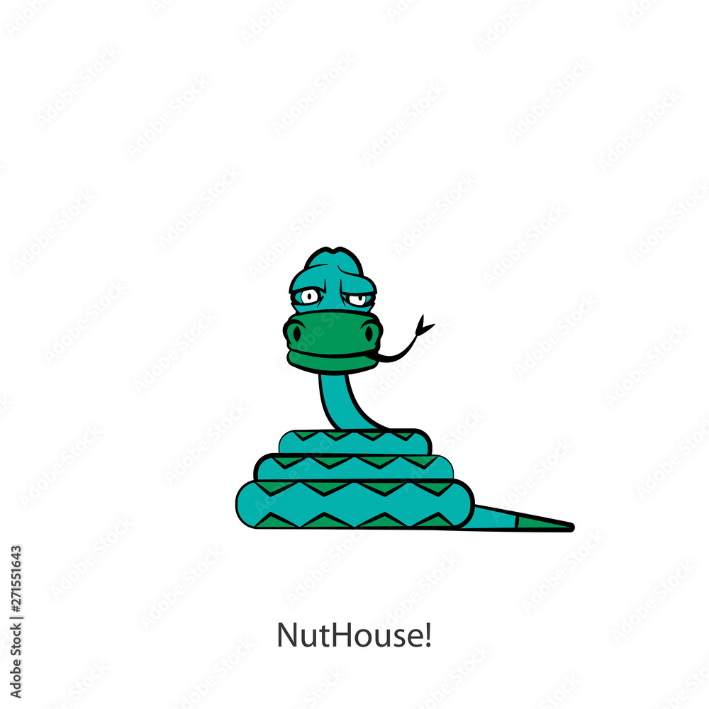 Cartoon reptile character. A funny tangled snake lies with its head up ...