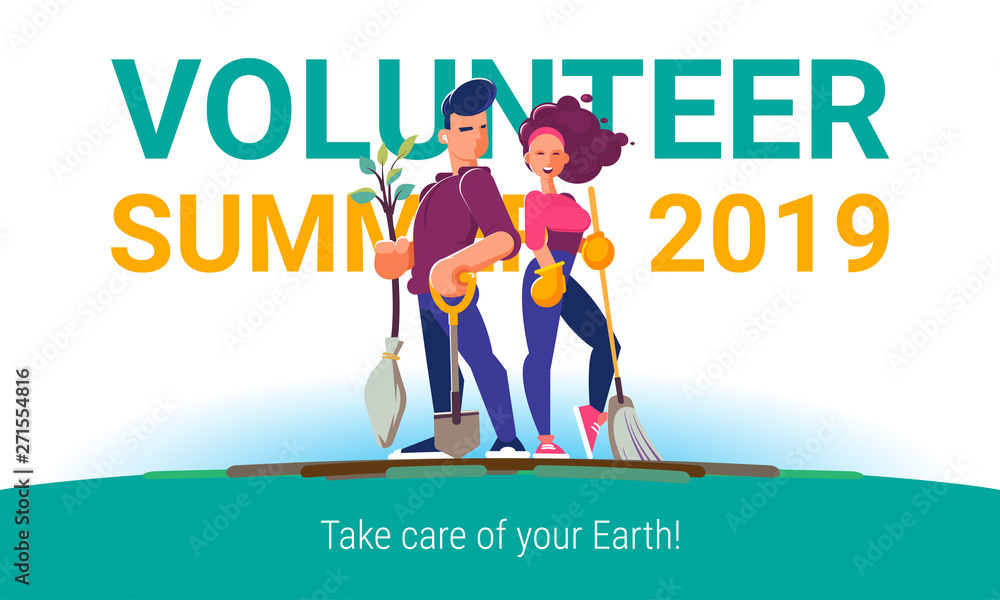 Vector banner design with flat style volunteer characters. Gardener and ...