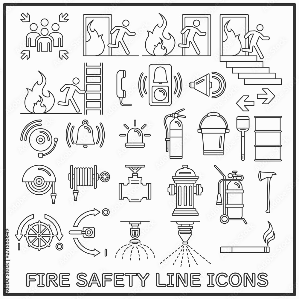 Fire safety line icons, Set of fire alarm and fire emergency graphic ...