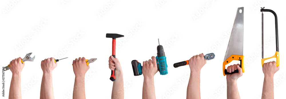 Hands with different tools isolated on white background Stock Photo ...