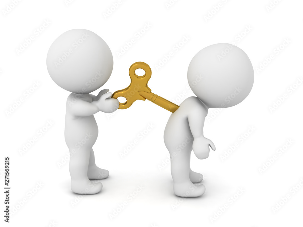 3D Character winding up the toy key in the back of another character ...