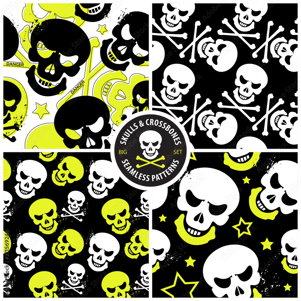 vector set of cool and creative seamless patterns with skulls and ...