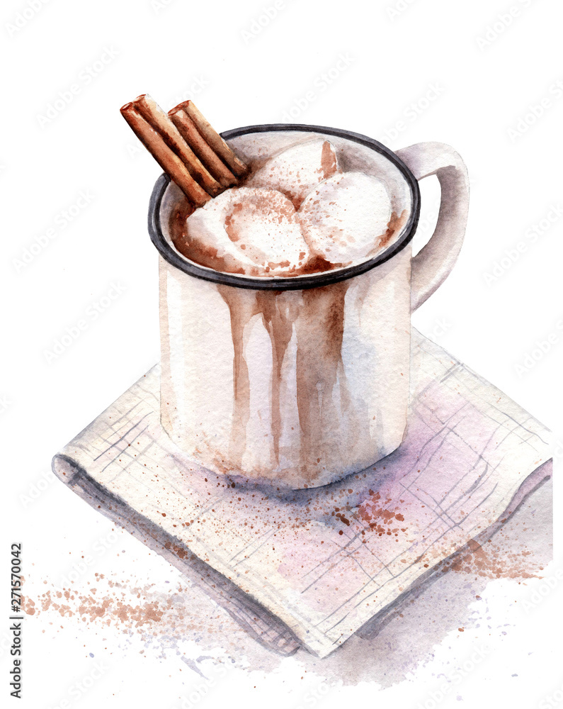 watercolor drawing of cocoa drink in a mug, with marshmallows Stock ...