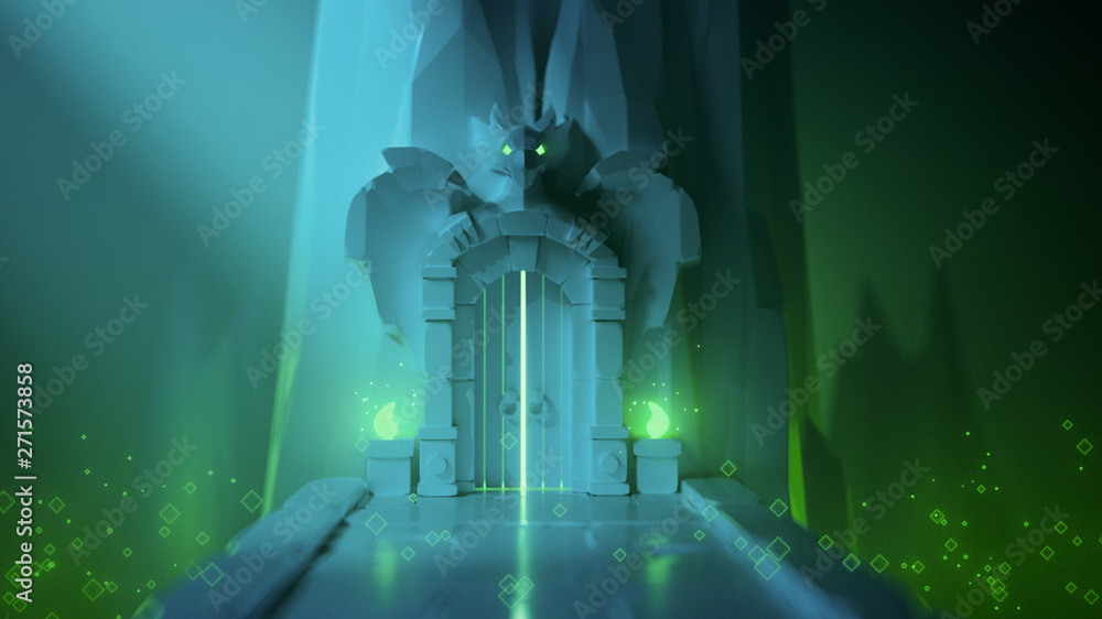 3d illustration of low poly mystical dungeon with a gate in the rock ...