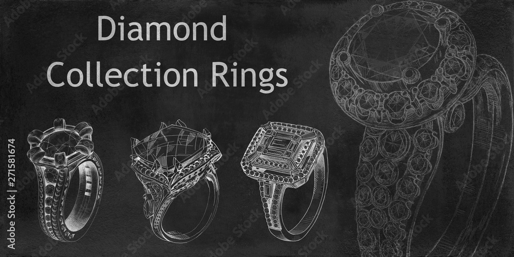 Diamond Collection Rings. Pencil drawing of rings with precious stones ...