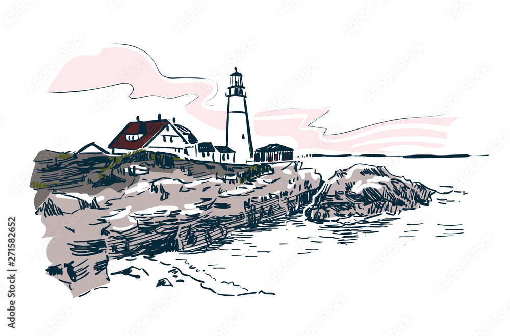 Portland lighthouse vector sketch landscape line illustration skyline ...