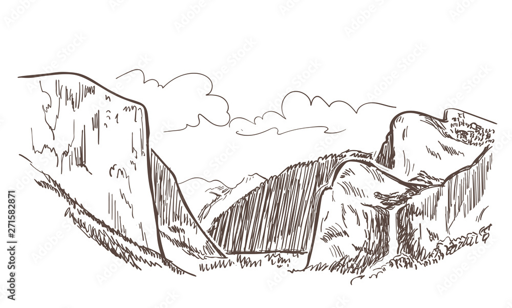 mountains rock valley cliff view vector sketch landscape line ...